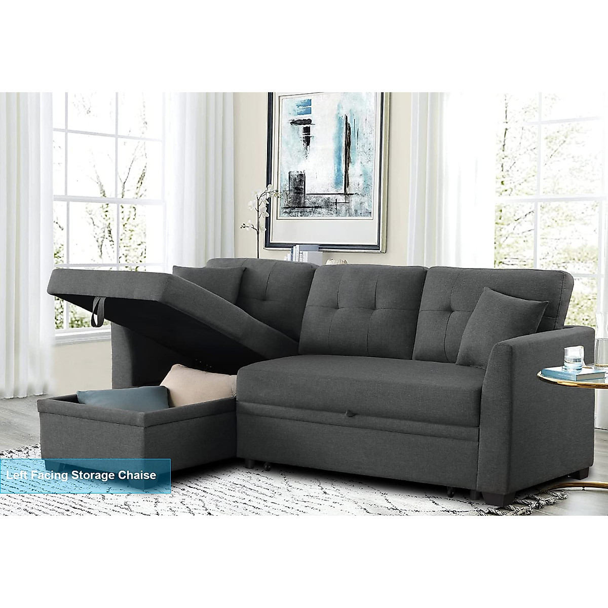 Sleeper Sectional Sofa Pull Out Couch with Storage Chaise 2 in 1 Sleeper Sofa Couch Convertible Sleeper Bed for Living Room, Apartment,Bedroom,Dark Grey