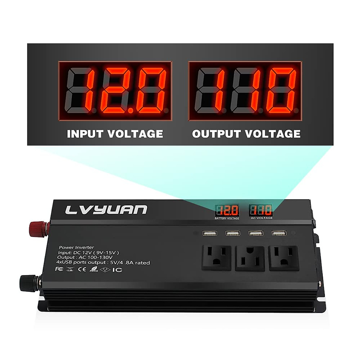 LVYUAN 1000W Car Power Inverter 12V to 110V DC to AC Car Inverter with 3.1A USB Car Adapter, 4 Outlets, Battery Clips, Cigarette Lighter for Car, Home, Outdoor, Camping