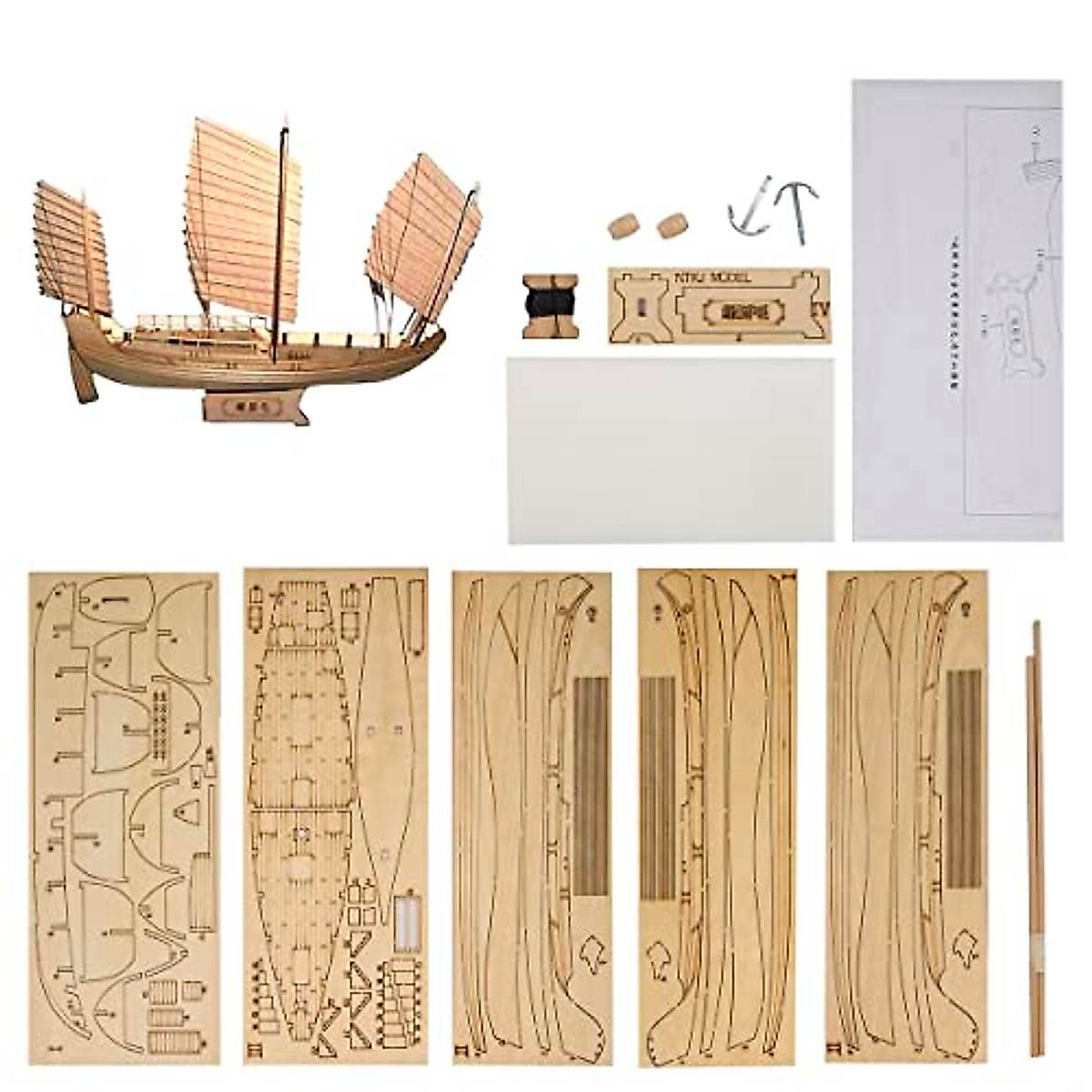 GAWEGM Ship Model Kit - Scale 1:148 Laser-Cut Wooden sail Ship Model Ancient Chinese Sailboat Green Eyebrows