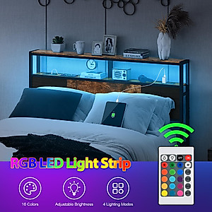 Livofloral Queen Size Headboard, Headboards with Charging Station, USB Port and LED Light, Head Board with 2-Tier Storage Shelf, Adjustable Height, Easy Assembly, Sturdy and Stable, Rustic Brown