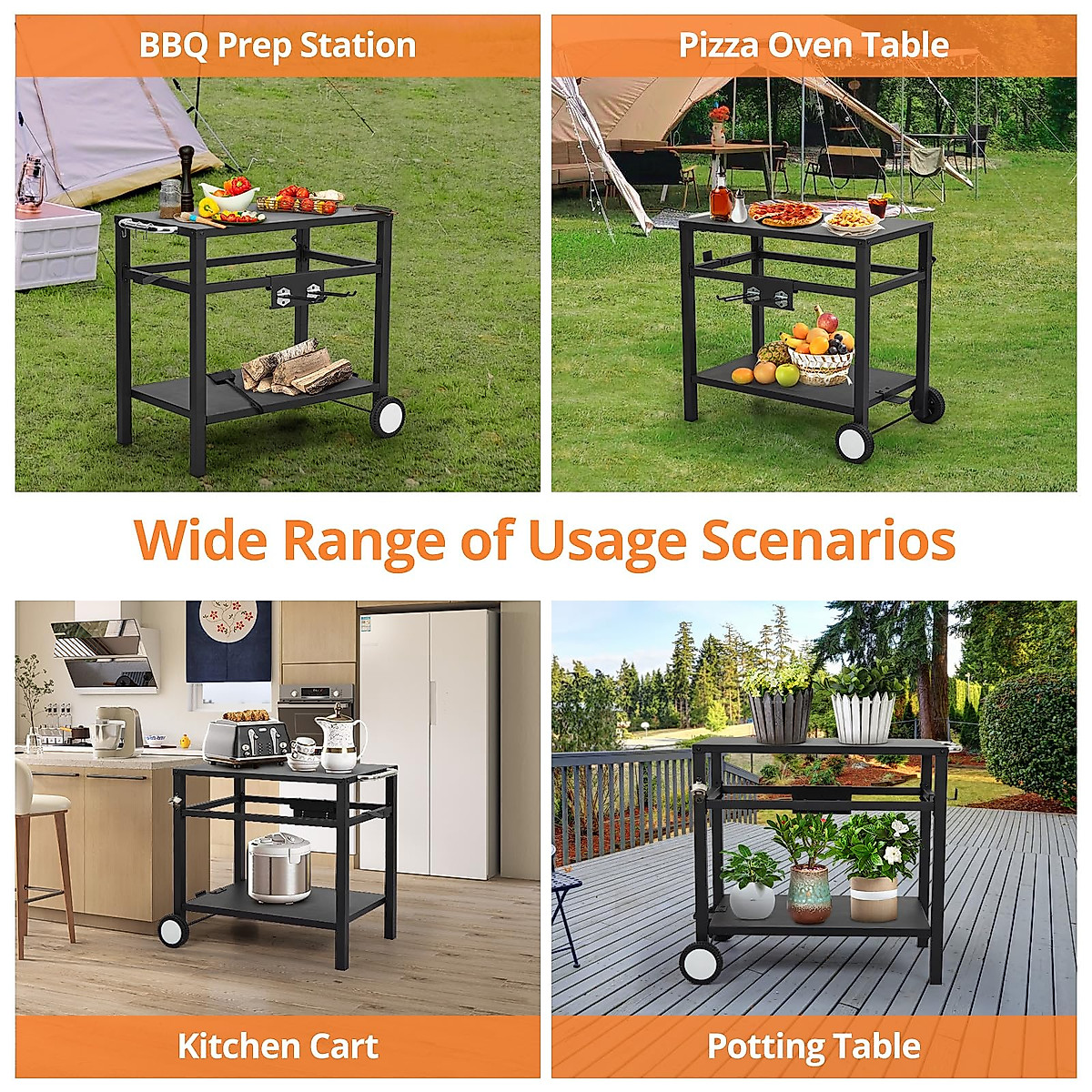 AKDSteel Grill Cart with Wheels & Hooks, Double-Shelf Outdoor Movable Dining Cart Table for Bar Patio Camping Home Cooking Table for Outdoors Stainless Steel
