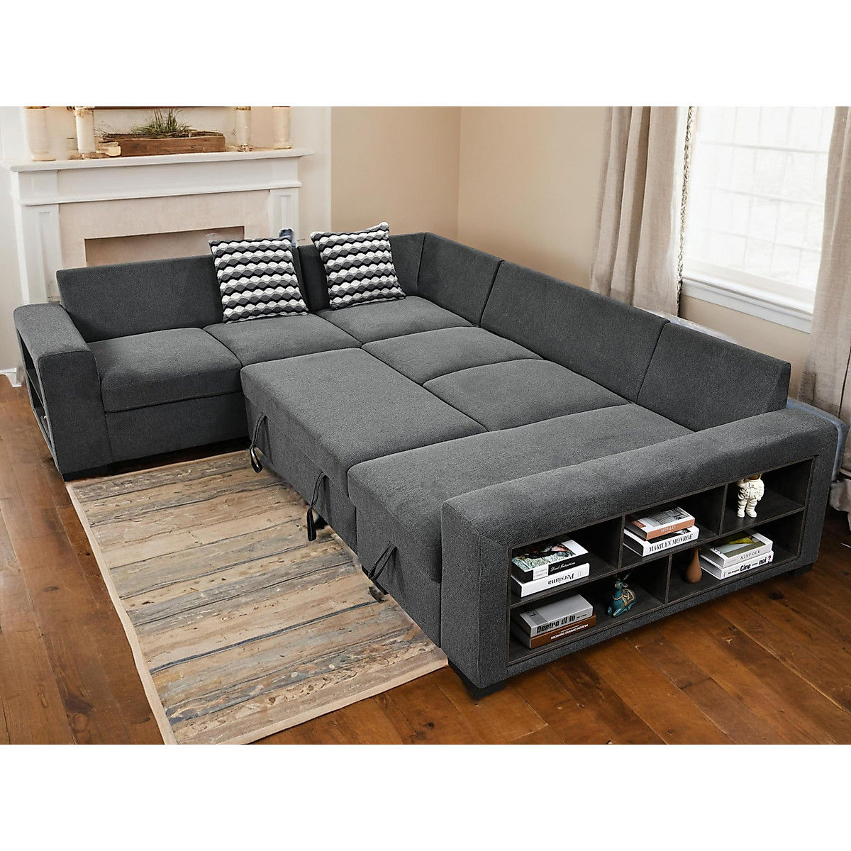 THSUPER Oversized Sectional Sleeper Sofa with Pull Out Bed, Chaise Lounge and Side Storage, U Shaped Comfy Sectional Sofa Couches Set for Living Room - 6 Seater, Dark Grey Fabric
