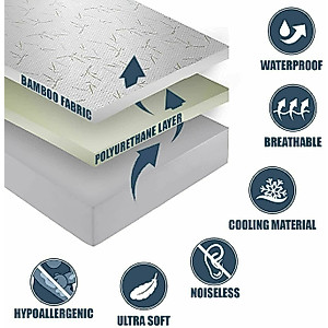 Bamboo Mattress Protector with Zipper - 100% Waterproof Full Size Cooling Mattress Cover - Ultra Soft Jacquard Fabric Breathable Noiseless Mattress Pad Cover - Zippered Mattress Encasement