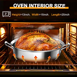 HuaQue Roasting Pan with Rack and Lid, Stainless Steel Large Oval Roaster, Nonstick Oven Cookware for Turkey Chicken, 21 Inch