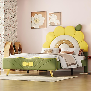 MERITLINE Twin Size Upholstered Platform Bed with Sunflower Shaped Headboard, PU Upholstered Twin Size Bed Frame for Kids Teens, Boys Girls,Green + Yellow