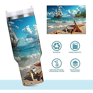 Jihqo Starfish on Seaside Beach 40 oz Stainless Steel Vacuum Insulated Tumbler with Handle and Straw Lid, Leakproof Water Bottle Double Wall Travel Mug Coffee Cup, Cupholder Friendly