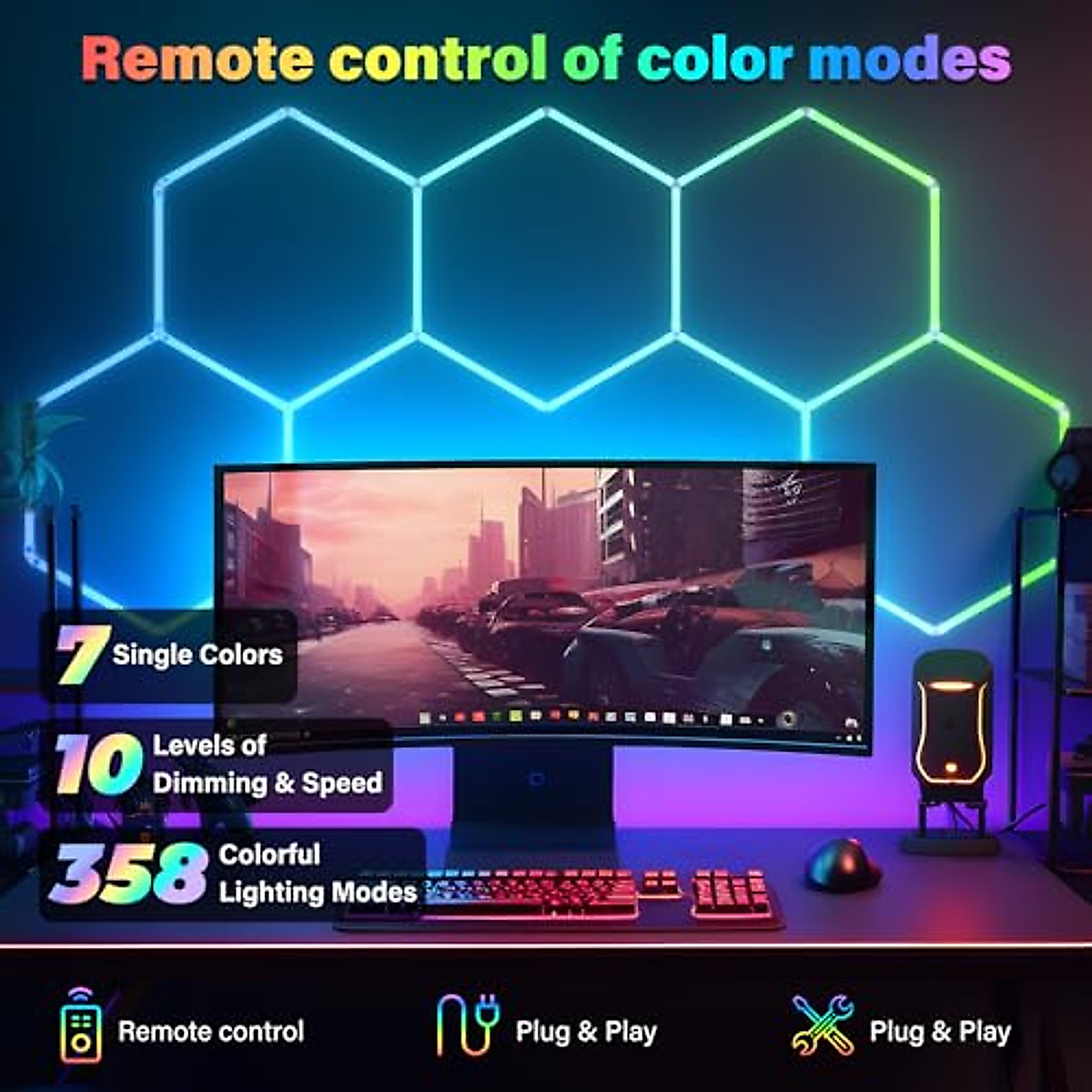ALLYES RGB Hexagon Light - LED Garage Hexagon Light with 358 Color Modes, Dimmable and Speed Adjustable LED Hexagon Lights, DIY, for Gaming Room, Bar, Party, Live Room, Music Studio, Gym, 5-Pack
