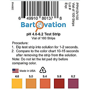 pH Test Strips for Beer Making, Homebrew, Acidity, 4.6 to 6.2 pH [Vial of 100 Strips]