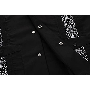 Men's Guayabera Shirts Short Sleeve Casual Snap Shirts(Black XL)