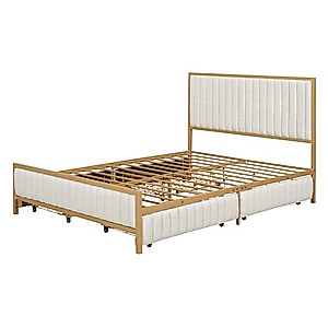 SIYSNKSI Full Size Metal Frame Upholstered Bed with 4 Drawers, Linen Fabric Platform Bed with Metal Slats Support and Headboard, Storage Platform Bed for Kids Teens Bedroom (Beige + Linen-C14)