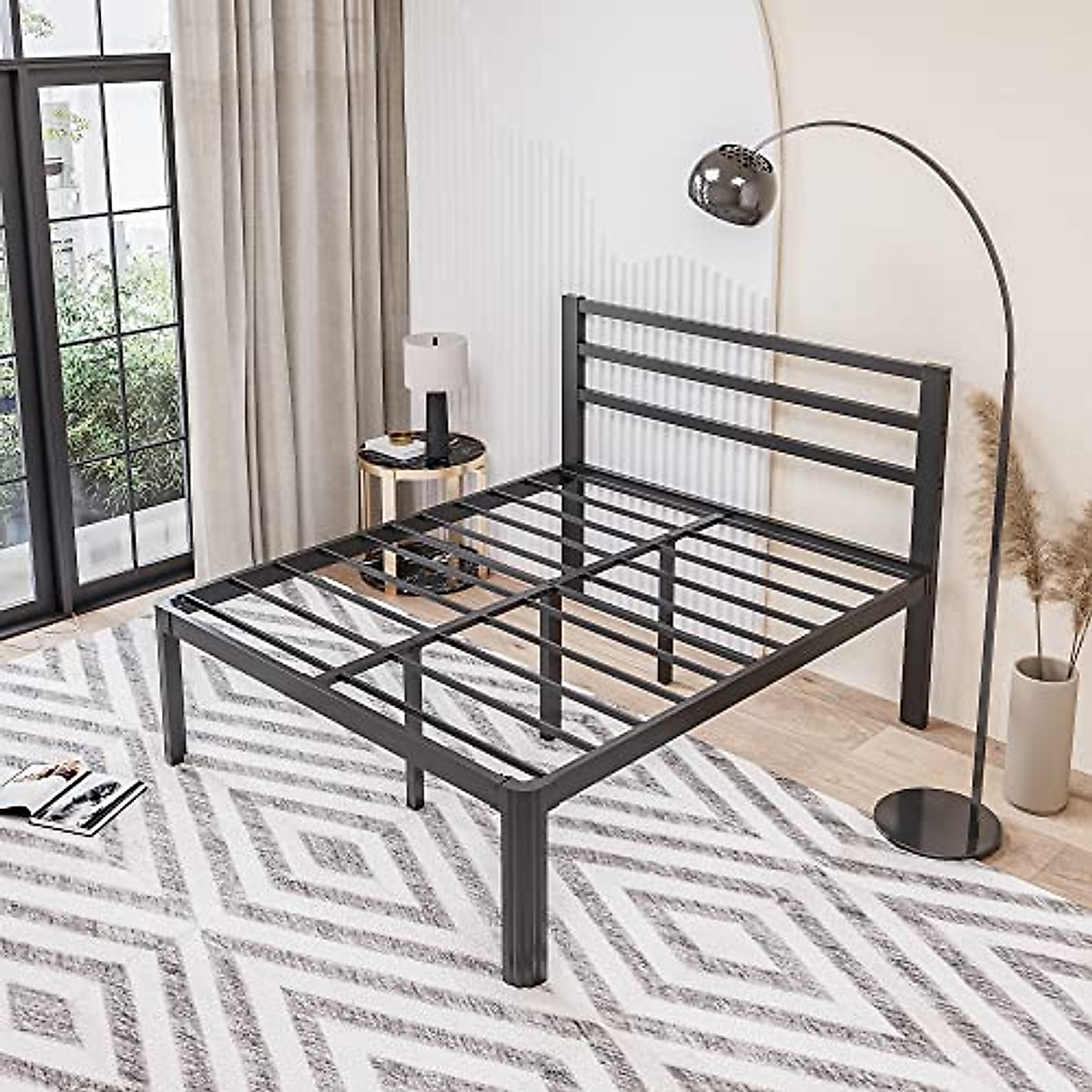 Woozuro King Bed Frame and Headboard, Heavy Duty Metal Platform Bed Frames with Round Corner Leg, No Box Spring Needed, Non-Slip Mattress Foundation, Noise-Free, Easy Assembly, Black