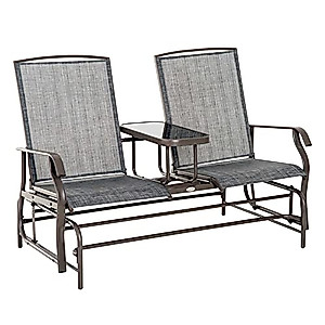 Outsunny Outdoor Glider Bench with Center Table, Metal Frame Patio Loveseat with Breathable Mesh Fabric and Armrests for Backyard Garden Porch, Gray