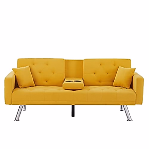 Eafurn Linen Fabric Futon Bed, Button Tufted Folding Recliner Sleeper Reversible Loveseat Convertible Daybed with 2 Cup Holders,75.59" W Small Splitback Sofa & Couches for Living Room, C-Yellow