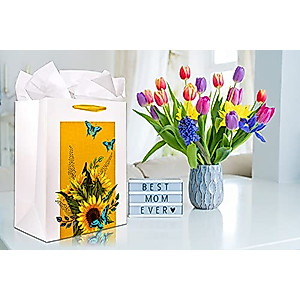 XJF 13in Large Sunflowers Gift Bag,Watercolor Flowers Gift Bag with Tissue Paper,Sunflowers Gift Bag for Birthdays,Mothers Day,Anniversary,Baby Shower,Bridal Shower,Yellow