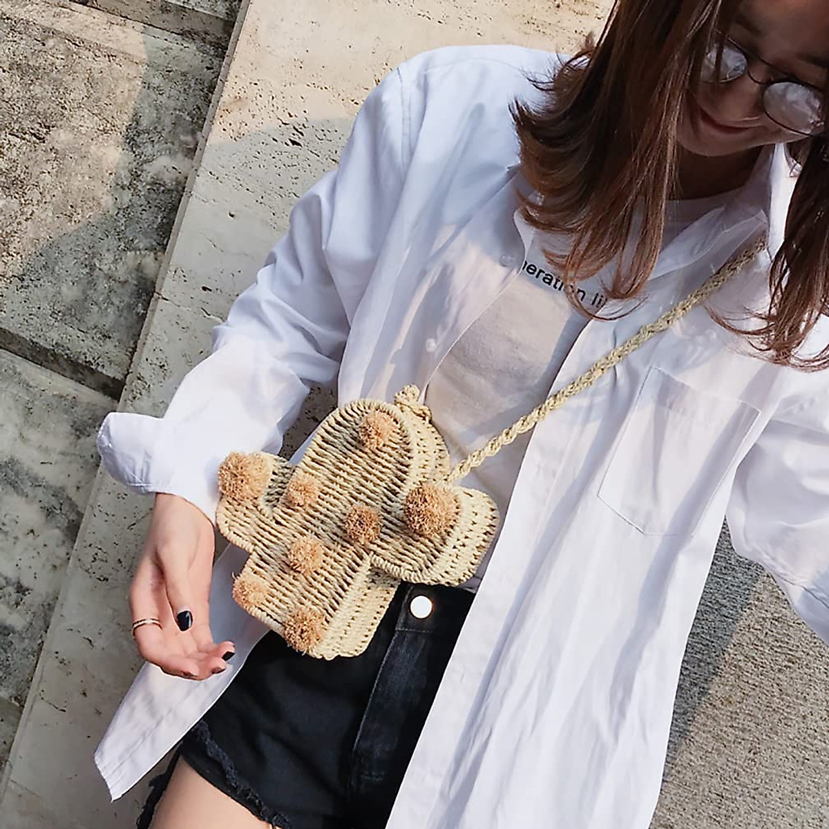 NIBD Beach Bag Cactus Straw Bag Summer Bags with Pom Pom Women Messenger Handbag Braided New Rattan Bag, Beige, 7.5"*7.5"*2.4"