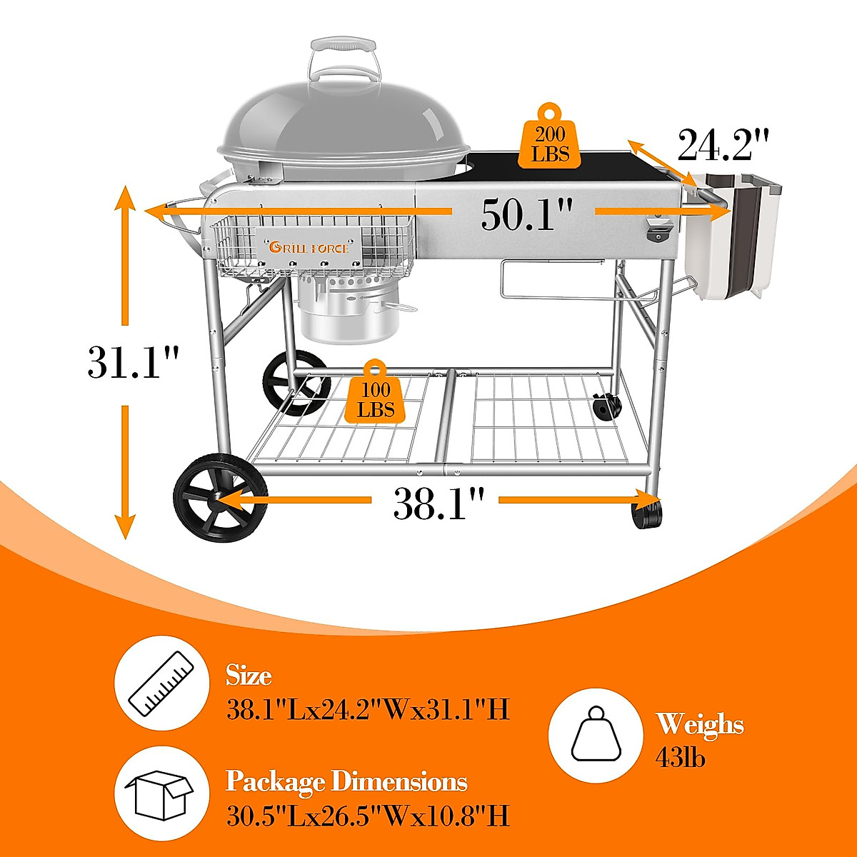 GRILL FORCE Grill Table for Weber 18" & 22" Original Kettle,Kettle Grill Cart,Outdoor Prep Table for Weber Original Kettle,Jumbo Joe,Master-Touch Charcoal Grill,Performer Charcoal Grill Accessories