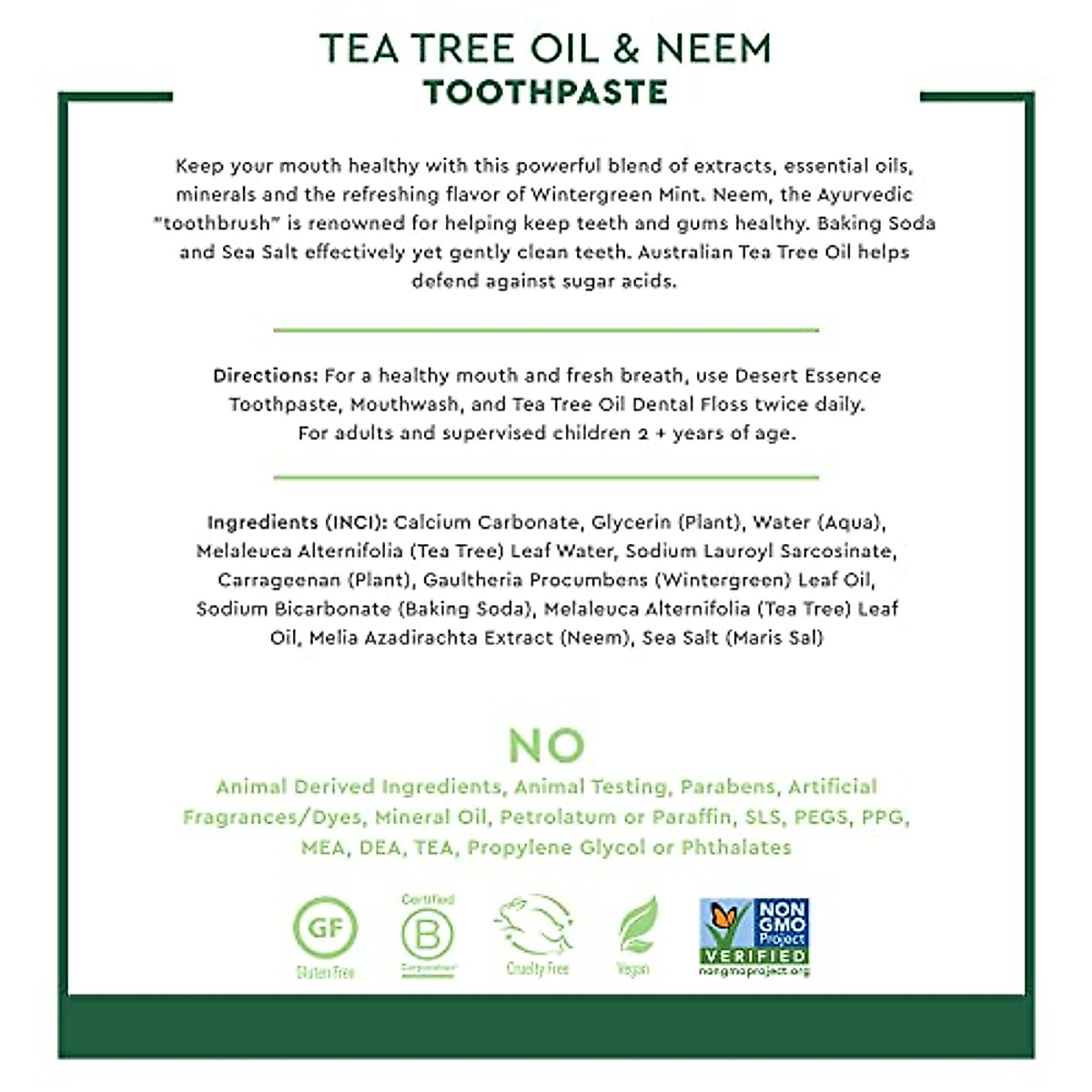 Desert Essence Tea Tree Oil & Neem Toothpaste - 6.25 Oz - Pack of 6 - Refreshing Rich Taste - Baking Soda & Essential Oil of Wintergreen - Antiseptic - Natural Ingredients - Fluoride & Gluten Free