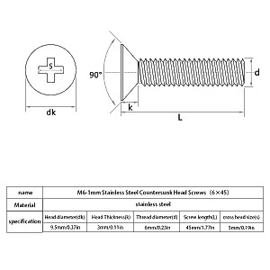 25pcs M6-1.0 x 45mm Stainless Steel Countersunk Head Screws, Metric Coarse Thread Flat Head Bolt, Phillips Drive (Size: 6×45)