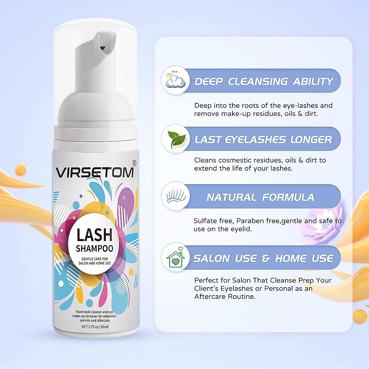 Lash Shampoo for Lash Extensions, Eyelash Extension Cleanser 60ml + Rinse Bottle + Brushes, Lash Bath, Lash Shampoo Kit, Lash Cleaner, Paraben & Sulfate Free, Salon and Home Use