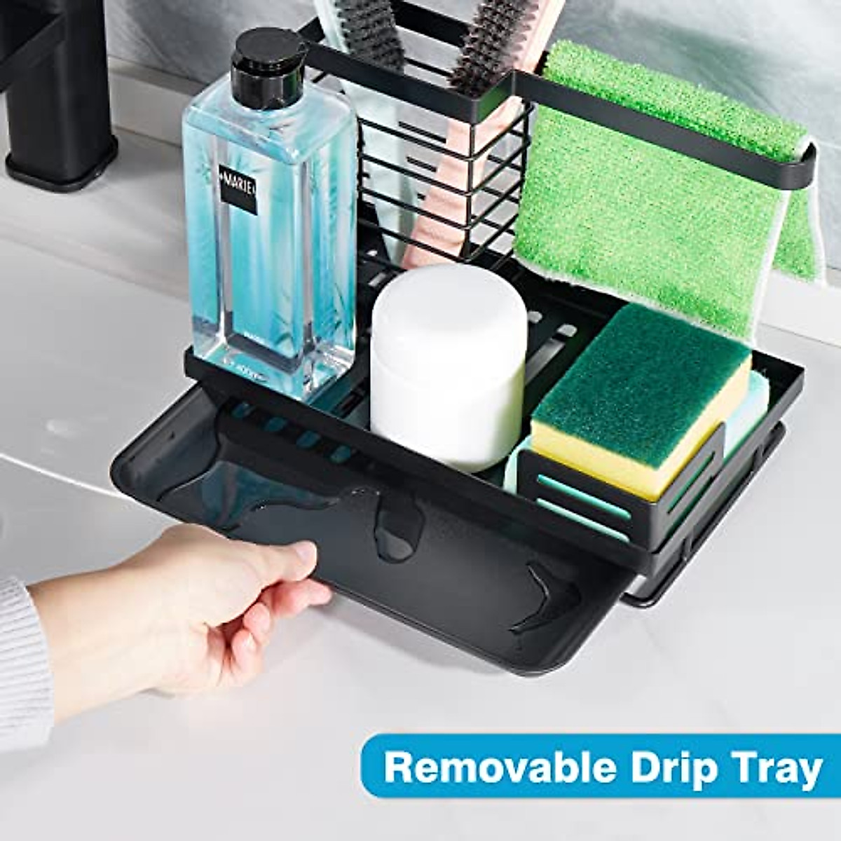 Purboah Sink Caddy Organizer,Kitchen Caddy for Sponge Dishcloth Brush Holder with Black Drain Tray and 2 Sponges 304 Stainless Steel Rustproof