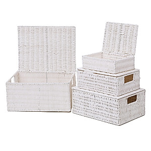 4 Set of Storage Baskets (Pearl White) - Rattan Decorative Box & Closet Organizers and storage & Basket with Lid & small basket with lid, decorative baskets for Clothes, Toys, Books