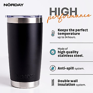 NORDAY | Tumbler Cup with Lid - 20oz - Black | Vacuum Insulated Tumbler - Travel Tumbler - Stainless Steel Tumblers - Double Wall Coffee Tumbler - Keeps Temperature up to 24hr - Anti Spill Lids