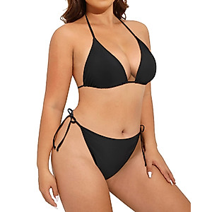 Tempt Me Women Plus Size Triangle Bikini String Two Piece Halter Tie Side Swimsuit Black 14 Plus