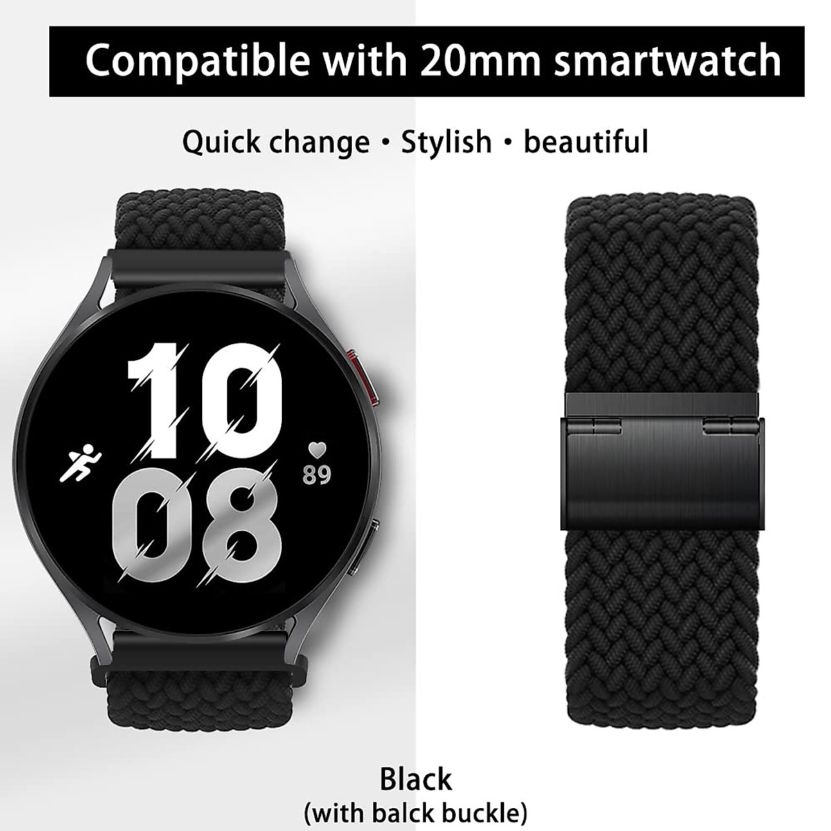 20mm Sport Loop Band Compatible with Samsung Galaxy Watch 7 6 5 4 Band 40mm 44mm/Watch 5 Pro 45mm/Galaxy Watch 4 6 Classic Band 42mm 46mm 43mm 47mm/Watch 3 41mm/Active 2 Nylon Braided Strap Women Men