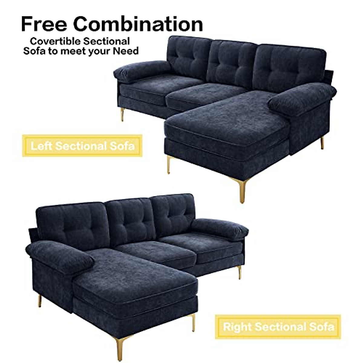 TEKAMON Navy Blue 82.7" Convertible Sectional Sofa Couch, 3 Seats L Shaped Retro Chenille Fabric Couch, Upholstered Comfy Reversible Sectional Sofa with Removable Washable Sofa Covers for Small Space