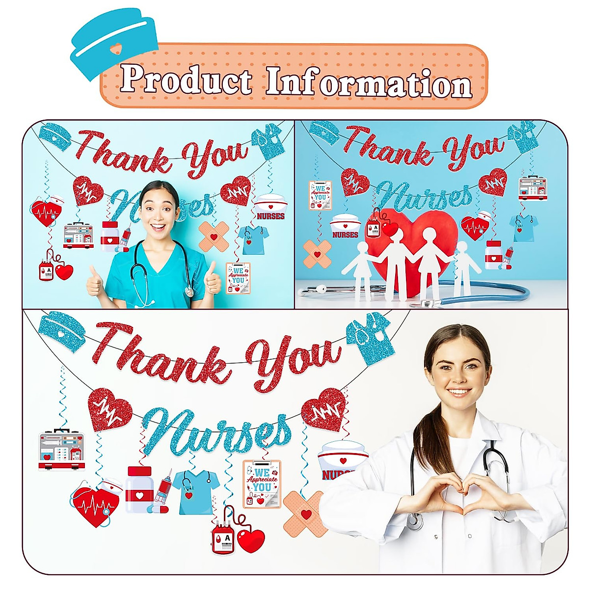 34Pc Nurse Appreciation Decorations, Nurse Party Decorations include Thank You Nurse Banner and 32Pc Happy Nurses Week Decorations Hanging Swirls, Medical Party Decorations for Appreciation Nurse