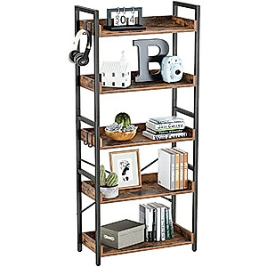Rolanstar Bookshelf 5 Tier with 4 Hooks, Industrial Wood Bookcase, Vintage Storage Rack with Open Shelves, Rustic Standing Bookshelves Metal Frame Display Rack for Living Room, Bedroom, Rustic Brown