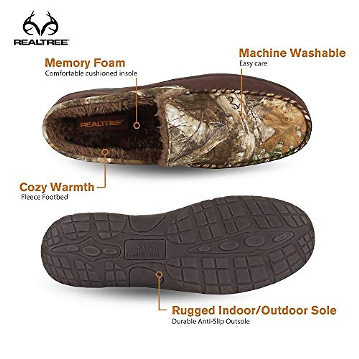 Realtree Men's Memory Foam Camo Moccasin House Slipper Indoor/Outdoor, Camo, Large
