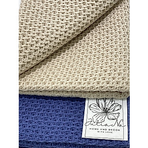 JuliaNa Home and Decor Waffle Weave Kitchen Towels, 100% Cotton, Set of 4 Cloths for Washing Dishes, Kitchen Dish Towels 12x12 Inches, Cream White and Blue