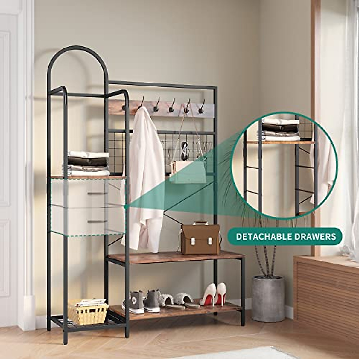 YITAHOME Entryway Hall Tree with 16 Metal Hooks, Coat Rack Stand with Side Shelves, Industrial Coat Rack Shoe Bench with 2 Foldable Drawer, Gray, 70" High