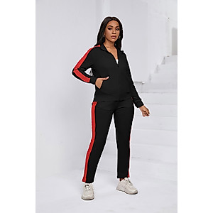 PINSV Womens Tracksuit Two Piece Outfits Long Sleeve Zip Up Jacket Jogger Casual Sweatsuit Matching Sets Track Suits Black Red XL