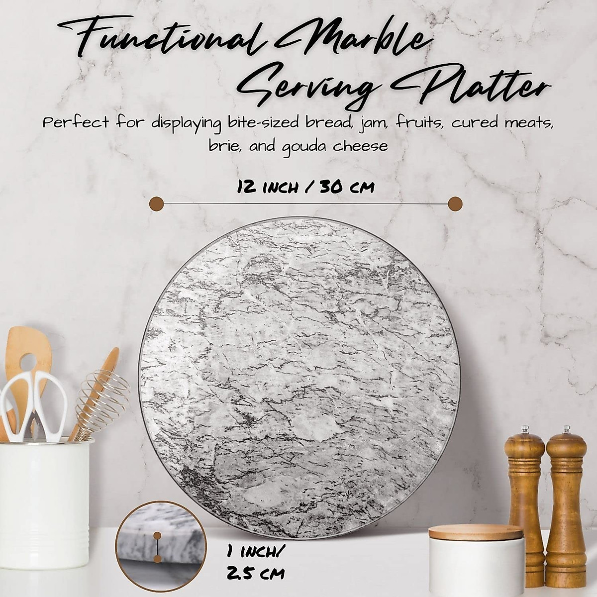 Flexzion Round Marble Cheese Board - 12 Inch White Marble Serving Board for Charcuterie, Cheese, Cutting, Pastry, Trivet - Non-Stick and Heat Resistant Marble Board