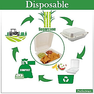Perfectware 100% Compostable 3 Comp Take Out Food Containers 9x9x 3. 100 Containers, Natural Disposable Bagasse, Eco-Friendly Biodegradable Made of Sugar Cane