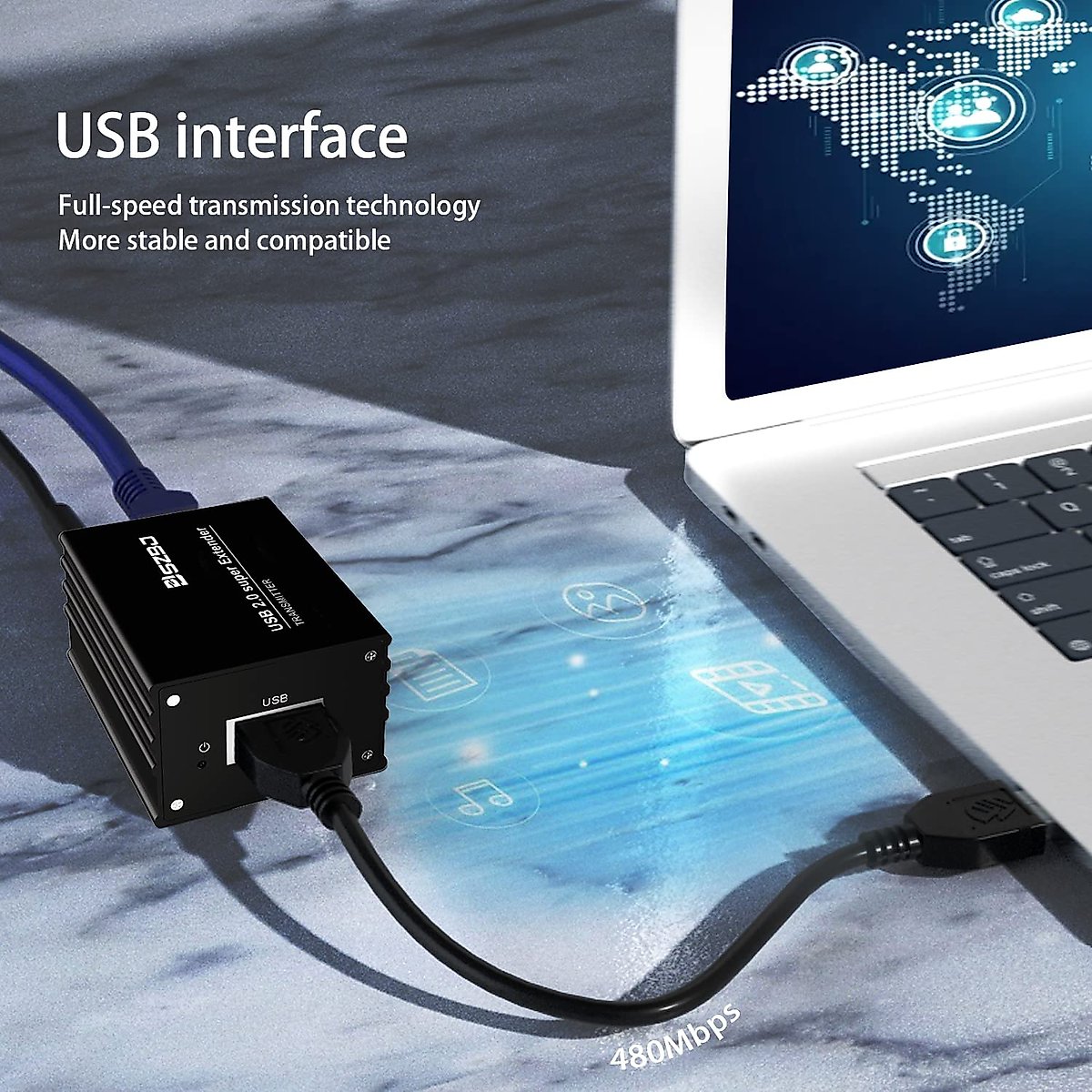 SZBJ USB Extender Over RJ45 Cat5E/6 up to 230ft Ethernet Cable Extender with Power Adapter with 2 USB2.0 Output - Full USB 2.0 Support for Keyboard, Dongle，Mouse, Webcam, and All Operating System 102