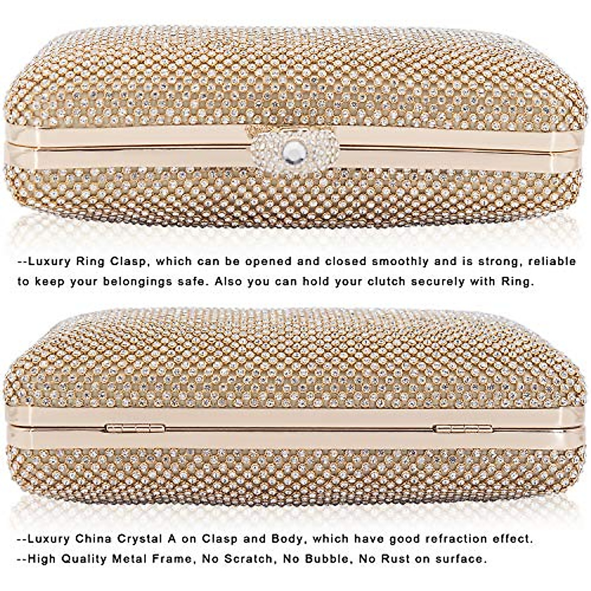 Dexmay Rhinestone Crystal Ring Clutch Purse Luxury Evening Bag for Bridal Wedding Party Gold