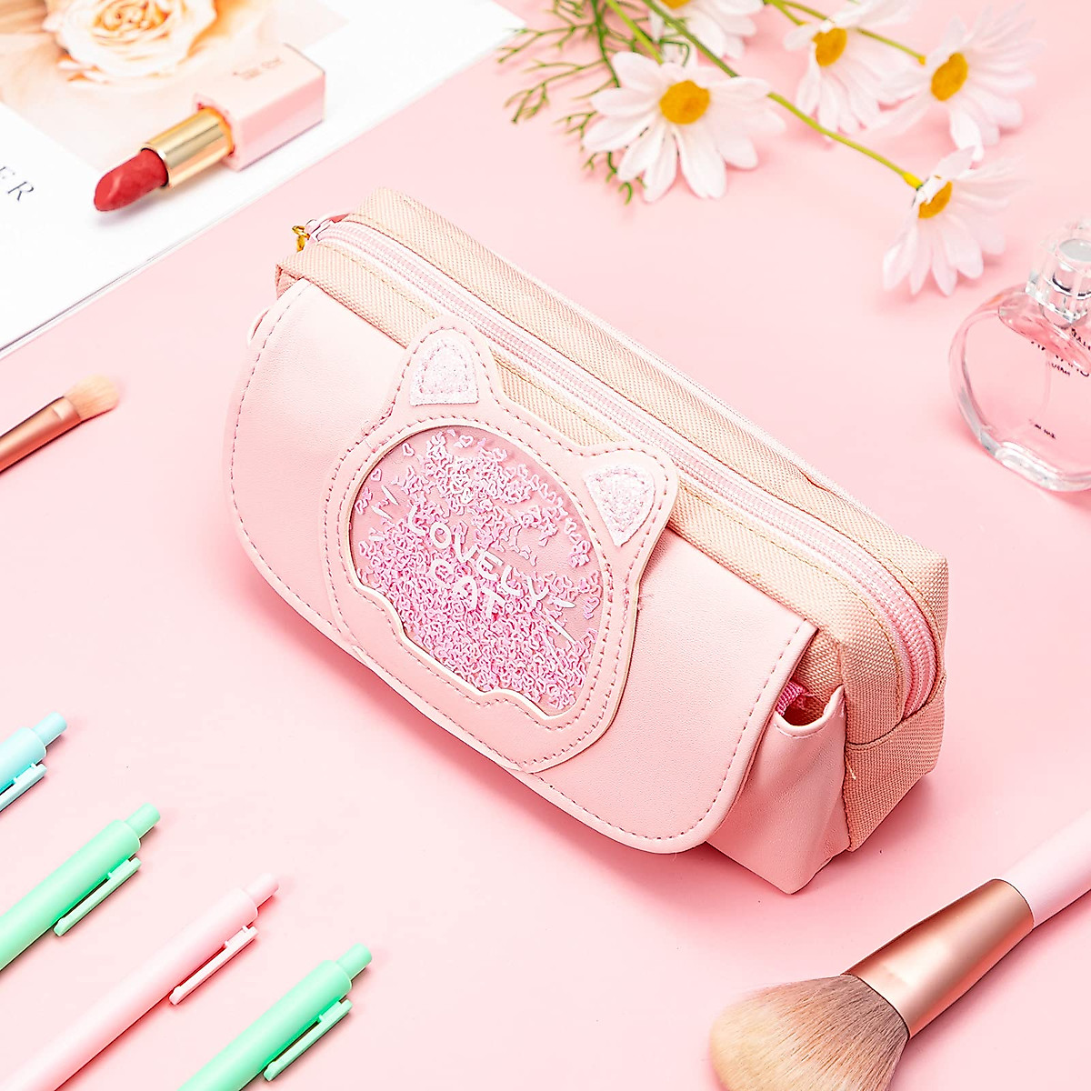 2 Pieces Big Capacity Pencil Case Cute Cat Large Capacity Pencil Pouch Portable Pencil Pouch Stationery Storage Organizer Pencil Box Pen Holder Bag for School Student Present, Pink and Purple