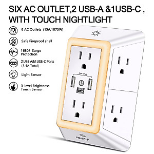 Multi Plug Outlet Surge Protector - POWRUI 6 Outlet Extender with 3 USB Ports (1 USB C) and Night Light, 3-Sided Power Strip with Adapter Spaced Outlets - White，ETL Listed