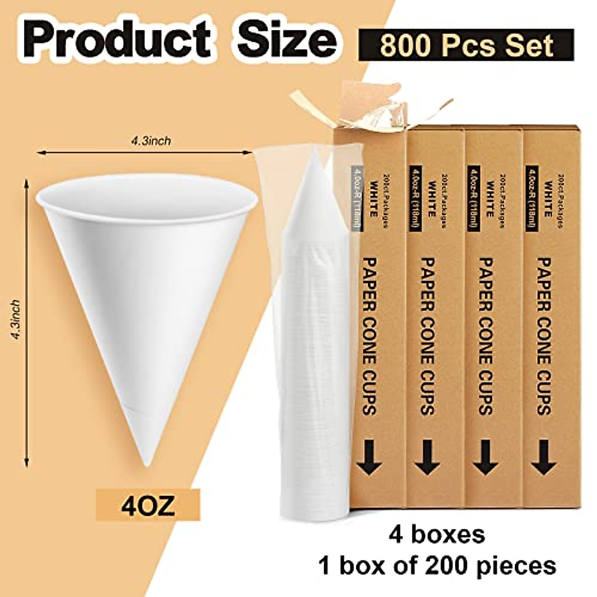 Roshtia 800 Pcs Snow Cone Cups 4oz White Paper Cone Cups Thicken Cone Cups Disposable Cone Paper Cups Shaved Ice Cups for Shaved Ice, Slushies Water Cooler Dispenser