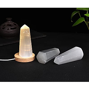 JIC Gem USB Selenite Lamp Hexagonal Crystal Points Selenite Tower Lamp Morocco Skyscraper 4 Inch with Wooden Light Stand Base