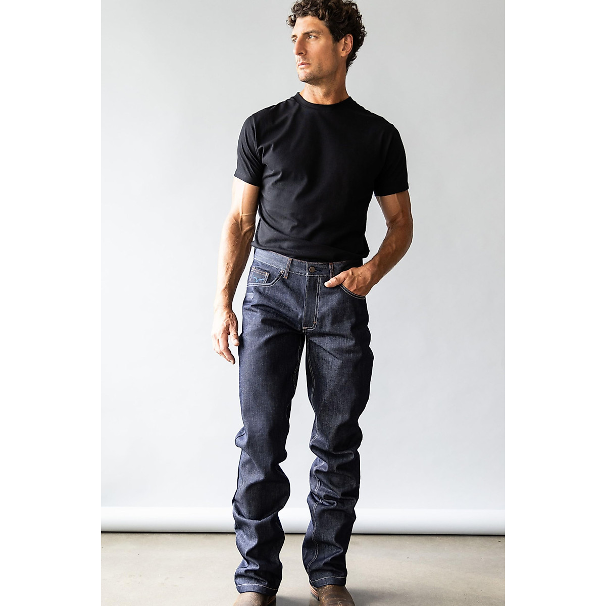 Kimes Ranch Men's Raw Dillon Mid-Low Rise Relaxed Upper Thigh Wide Bootcut Hand-Sanded Integrated Knife Pocket Jean 35W/34L Blue