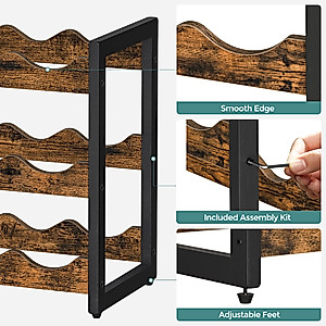 SONGMICS Countertop Wine Rack, 3-Tier Display Wine Storage Shelves, Holds 12 Bottles, Bamboo Wobble-Free Bottle Holder for Kitchen Bar Dining Room Living Room, Rustic Brown and Black UKWR011B01