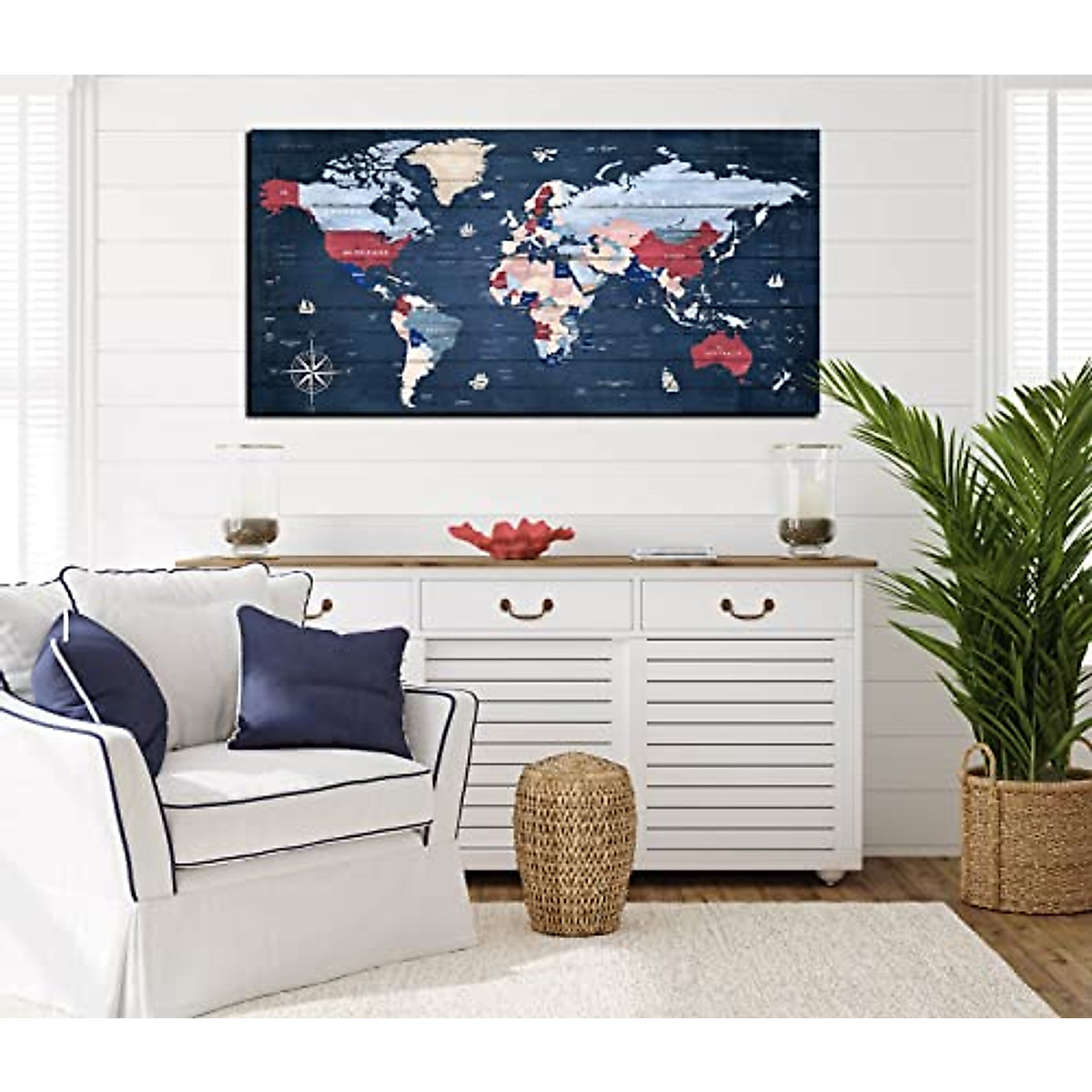 Blue World Map Wall-Art For Office - Large World Maps For Wall - Canvas Wall Art Stretched and Framed Ready to Hang Size 40" x 20"