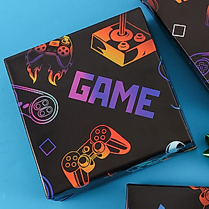 U'COVER Gaming Wrapping Paper Birthday Gift Wrapping Paper for Boys Kids Girls Men 3 Large Sheet Video Game Wrap Paper with Cut Line for Holiday Game Lover 27inch x 39inch (MULTICOLOR)