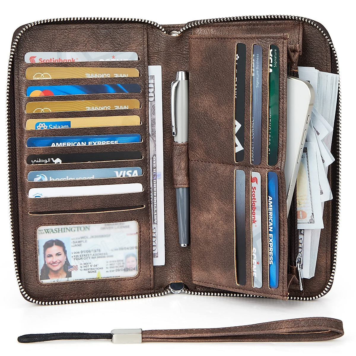 Telena Leather Wallets for Women Slim Zip Around Wristlet Clutch Purse Large Phone Holder Retro Coffee