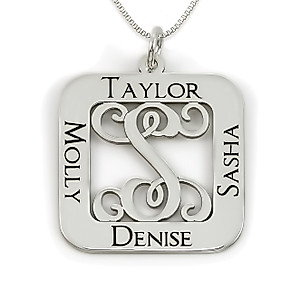 Square Cut Sterling Silver Script Initial and Name Pendant Necklace. Personalized Center Monogram and Names. Choice of Chains. Sterling Silver, 14k Gold Plate or Rose Gold Plate over Sterling Silver