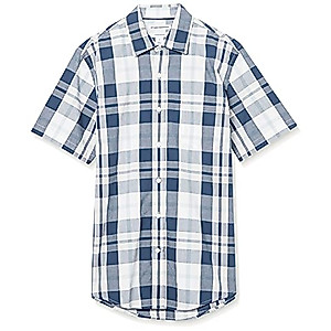 Amazon Essentials Men's Slim-Fit Short-Sleeve Poplin Shirt, White/Navy, Large Plaid, X-Large